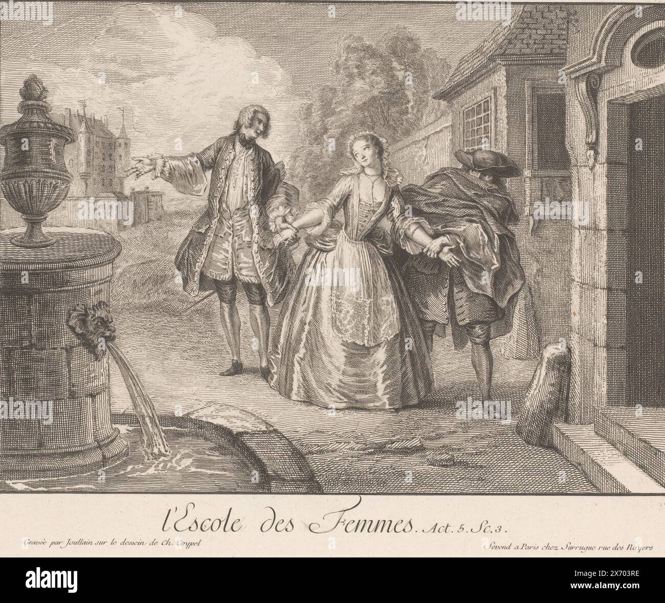 Scene from a play with a woman between two men, L'Escole des Femmes ...