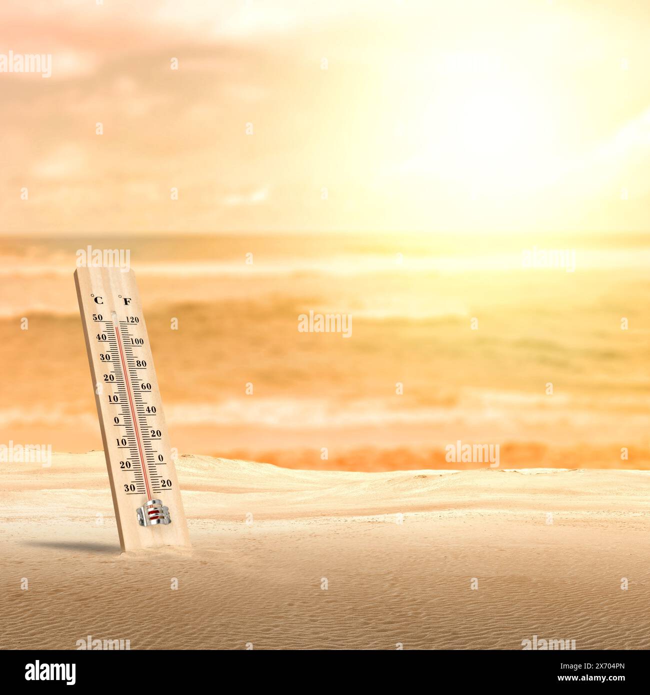 Thermometer with hot temperature in the desert. Environment, global ...