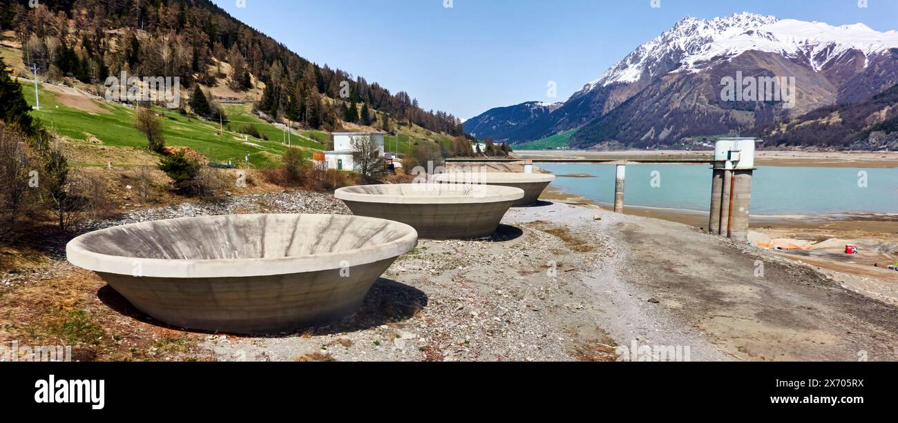 Reschen, Italy, April 11, 2024: Dried Spillway Cones in the Drained ...