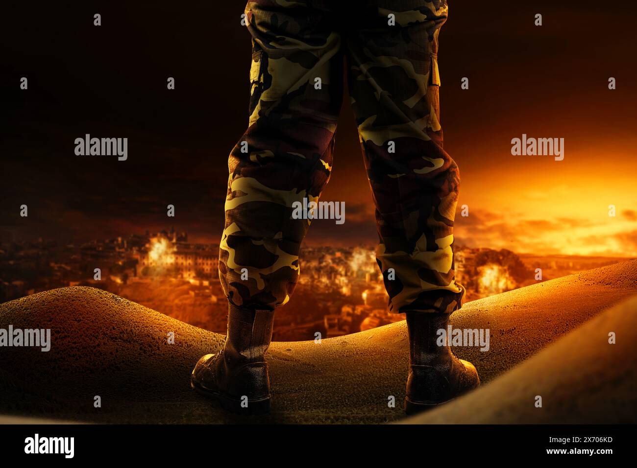 Soldier feet with military boots standing with fire and explosion on ...