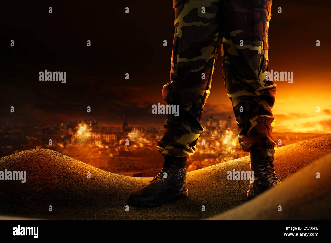 Soldier feet with military boots standing with fire and explosion on ...