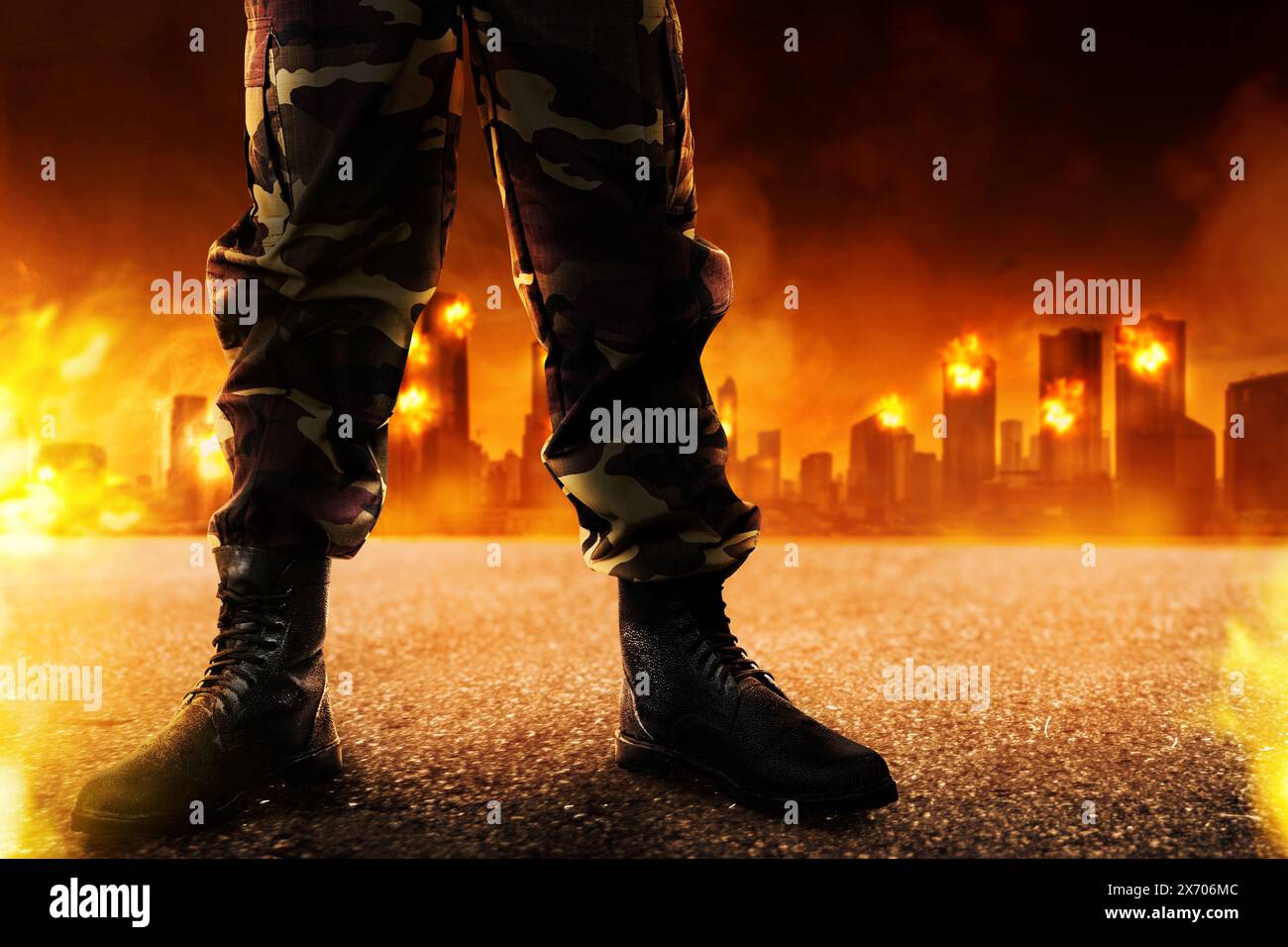 Image of demolished city in from military aggression at night with fire ...