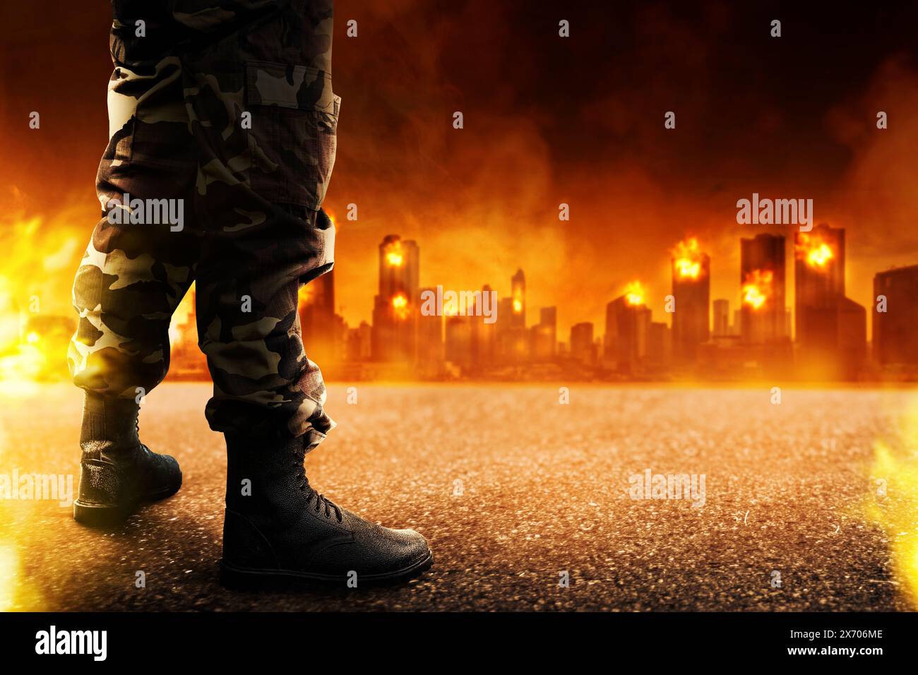 Image of demolished city in from military aggression at night with fire ...