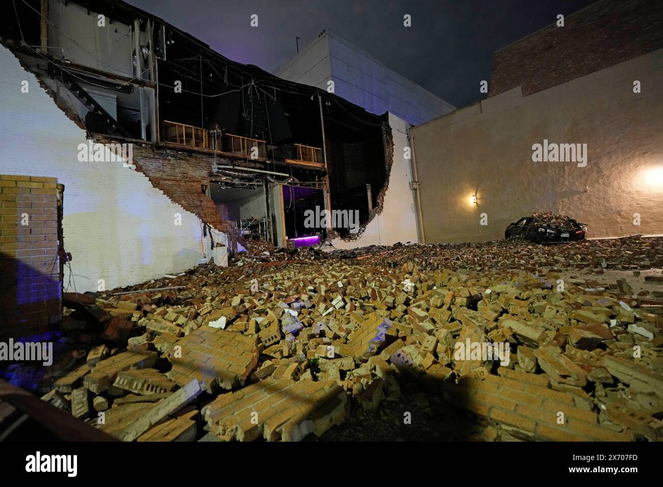 A damaged building is shown in the aftermath of a severe thunderstorm ...