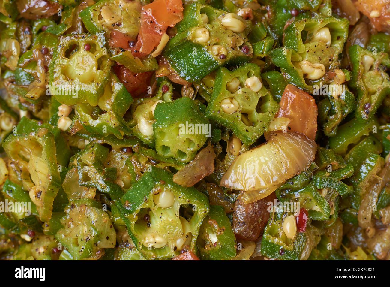 stir fried okra or okro dish close-up, aka lady's fingers, tempered ...