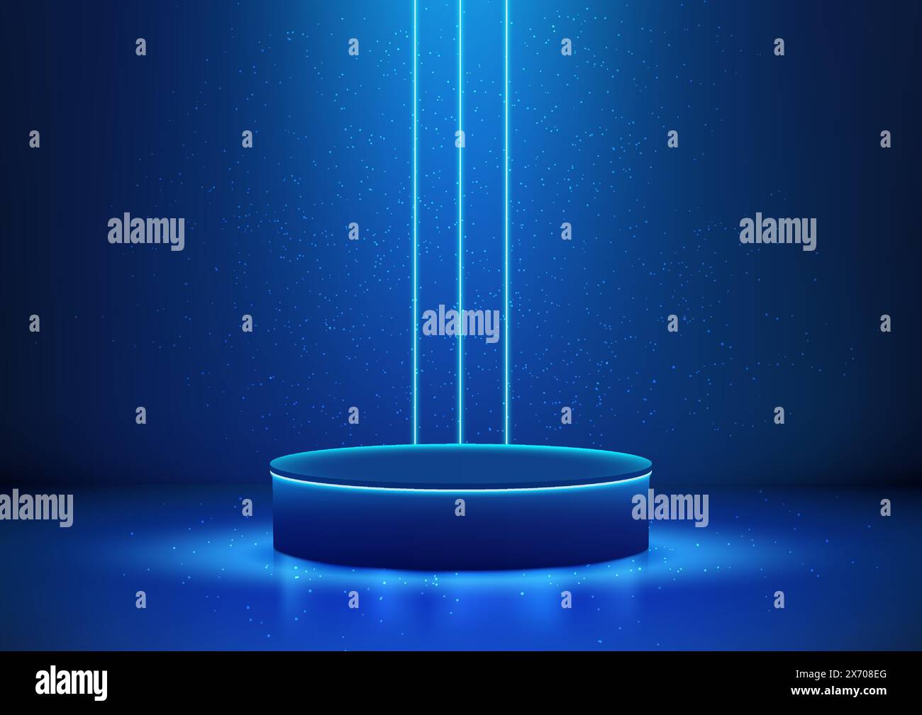 3D realistic empty blue podium stand with blue neon laser lines ...
