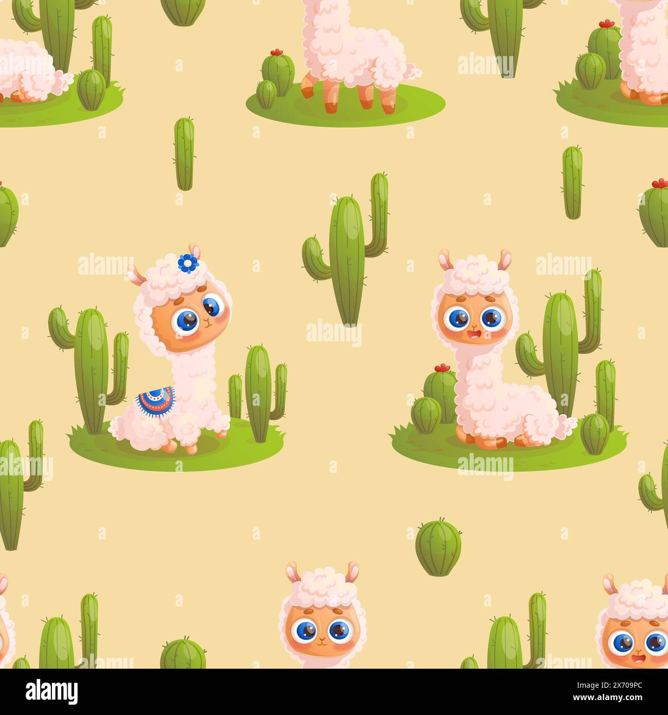 Seamless pattern with cute Llama alpaca on background with cactus. Vector illustration for ...
