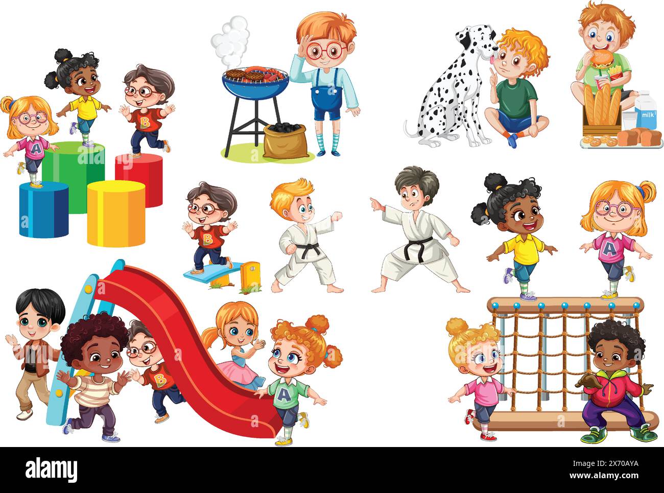 Illustration of kids playing, studying, and interacting Stock Vector ...