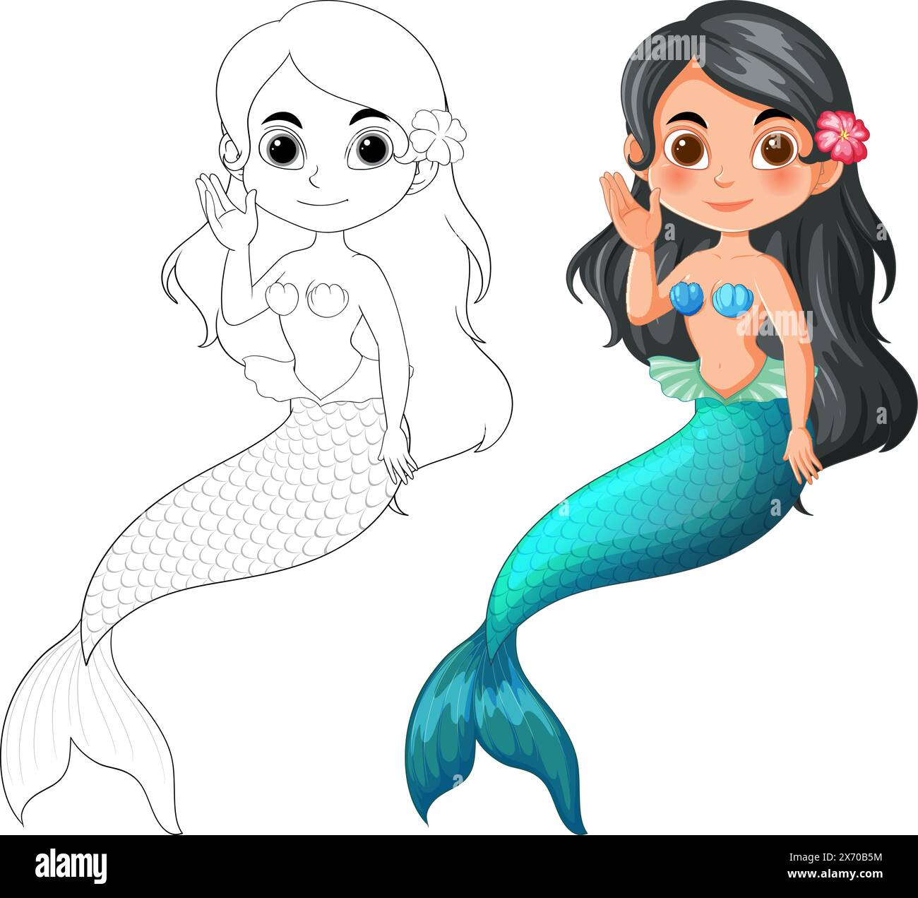 Illustration of two mermaids, colored and line art Stock Vector Image ...