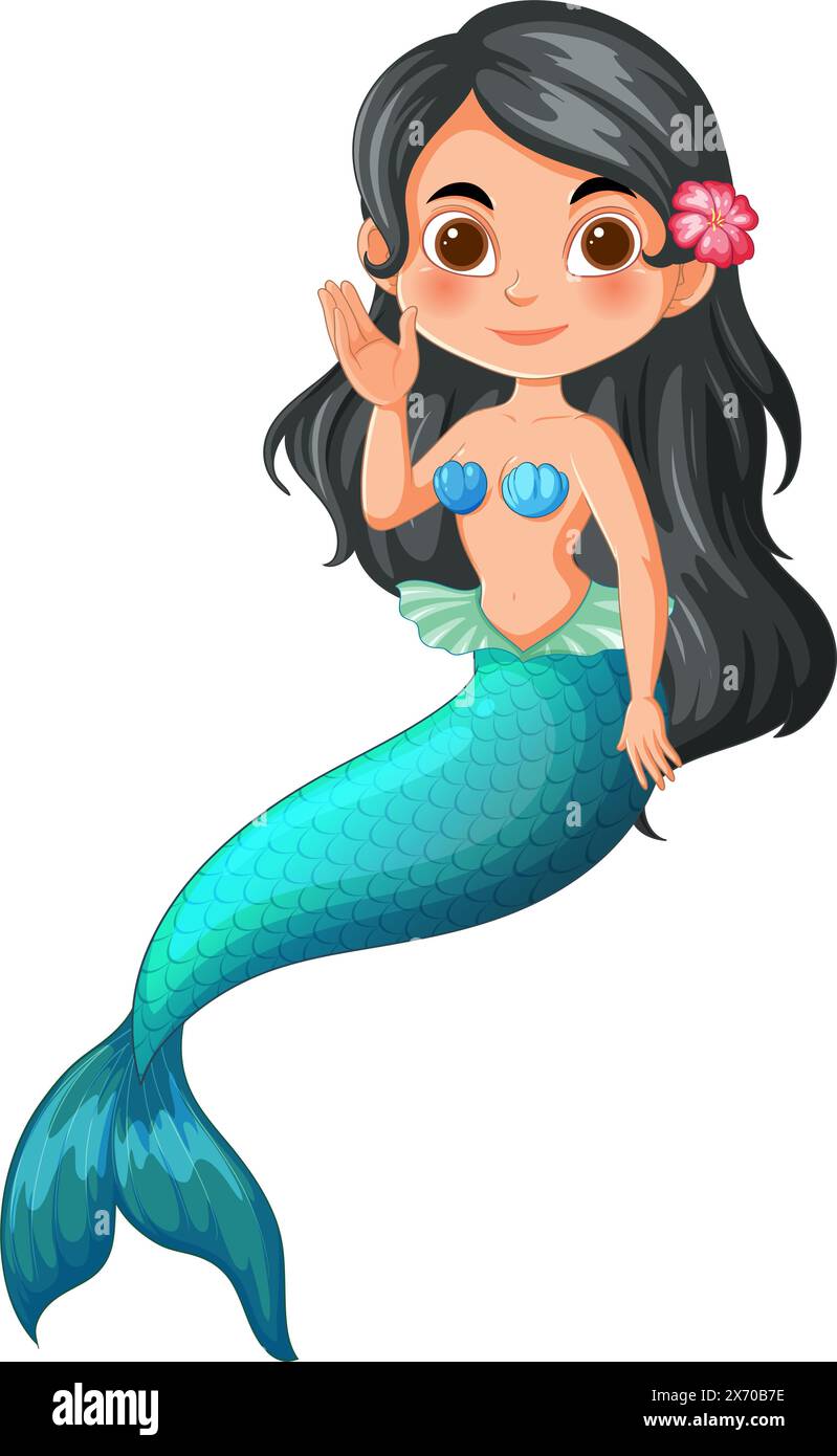 Cheerful mermaid with flower in hair, waving Stock Vector Image & Art ...