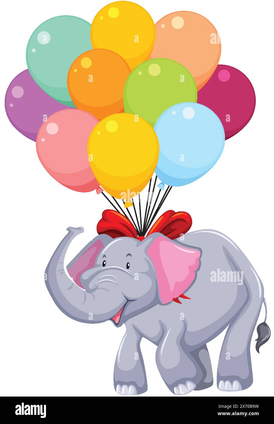 Cartoon elephant tied to vibrant multicolored balloons Stock Vector ...