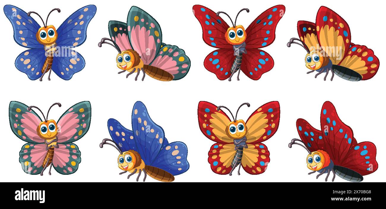 Eight vibrant, illustrated butterflies in various poses Stock Vector ...
