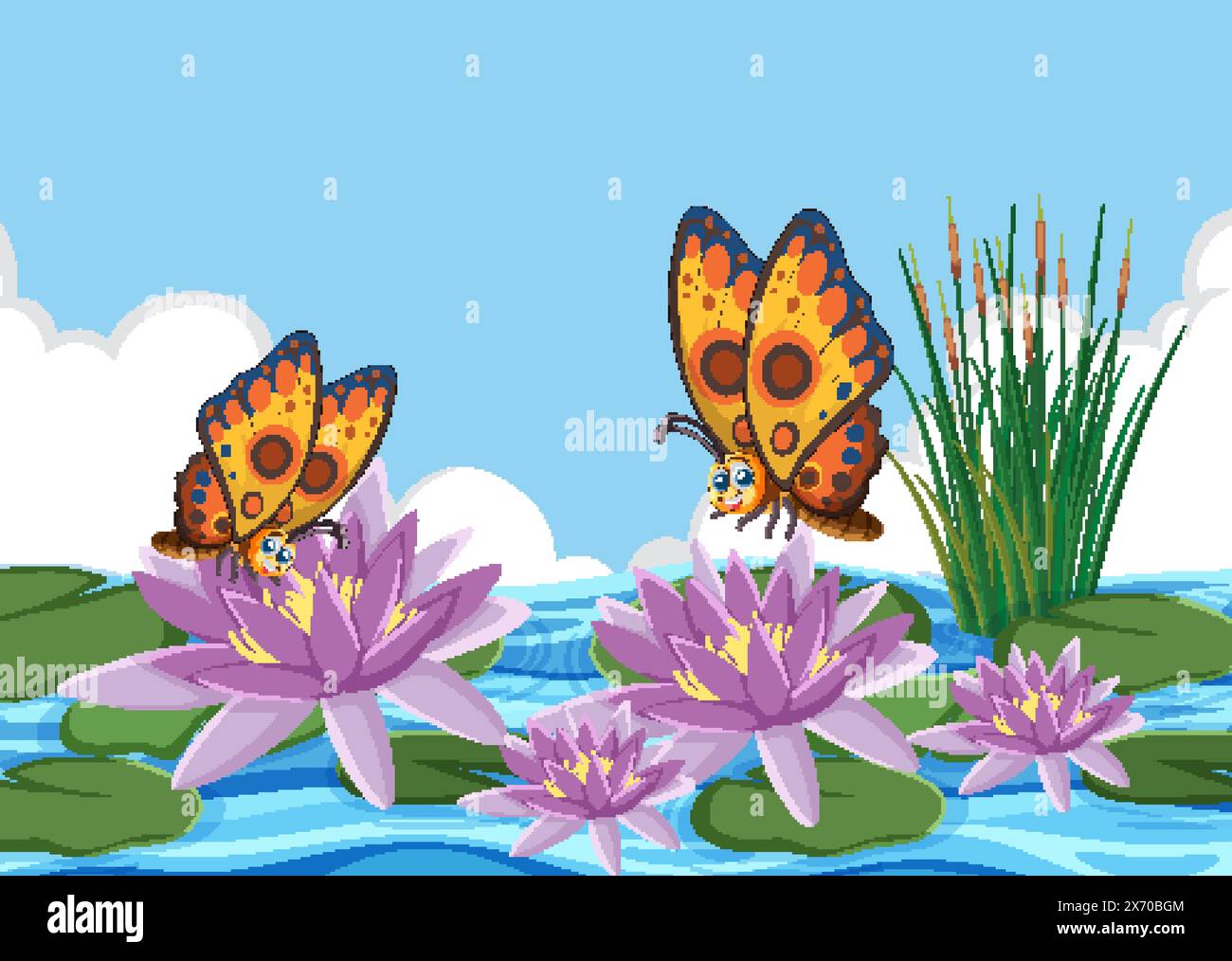 Colorful butterflies fluttering around purple water lilies Stock Vector ...