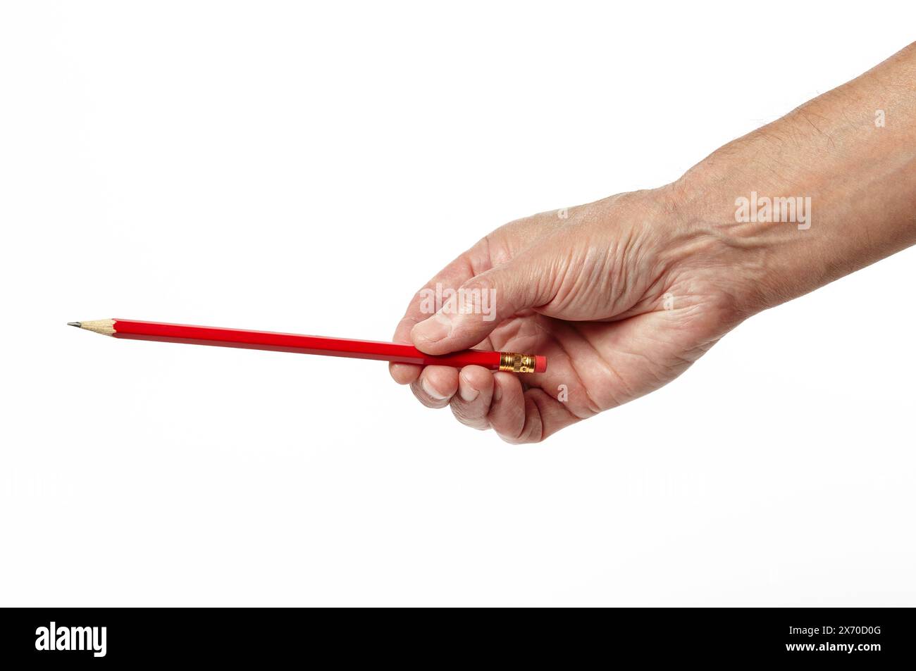 Male hand holding a pencil isolated on white background. Artist draws ...