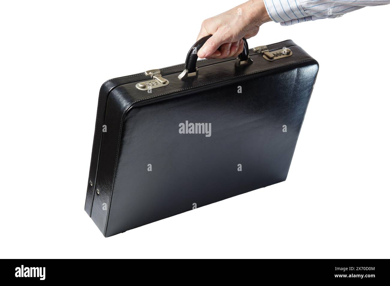 Male hand in a shirt holding briefcase isolated on white background ...