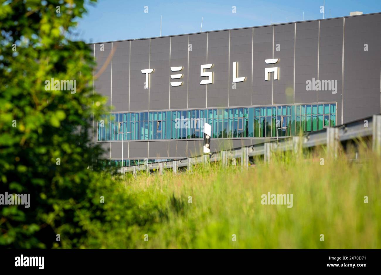 17 May 2024, Brandenburg, Grünheide: The lettering "Tesla" is on the ...