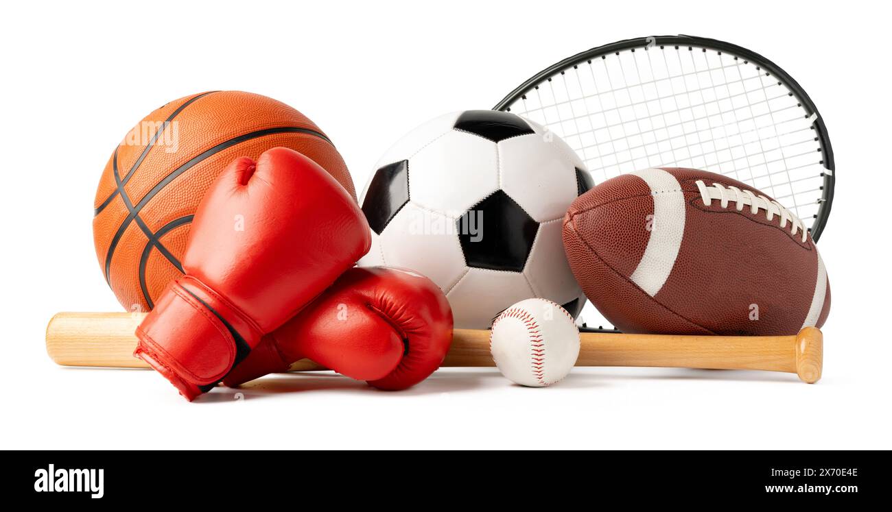 Assorted sports equipment isolated on white background Stock Photo - Alamy