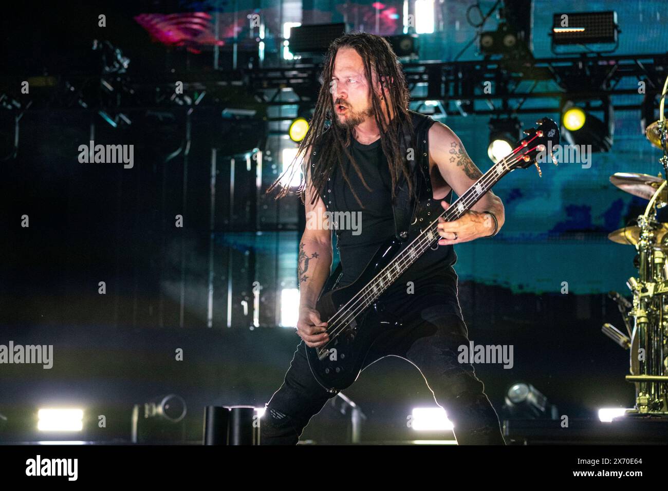 John Moyer of Disturbed performs during Sonic Temple Art and Music ...