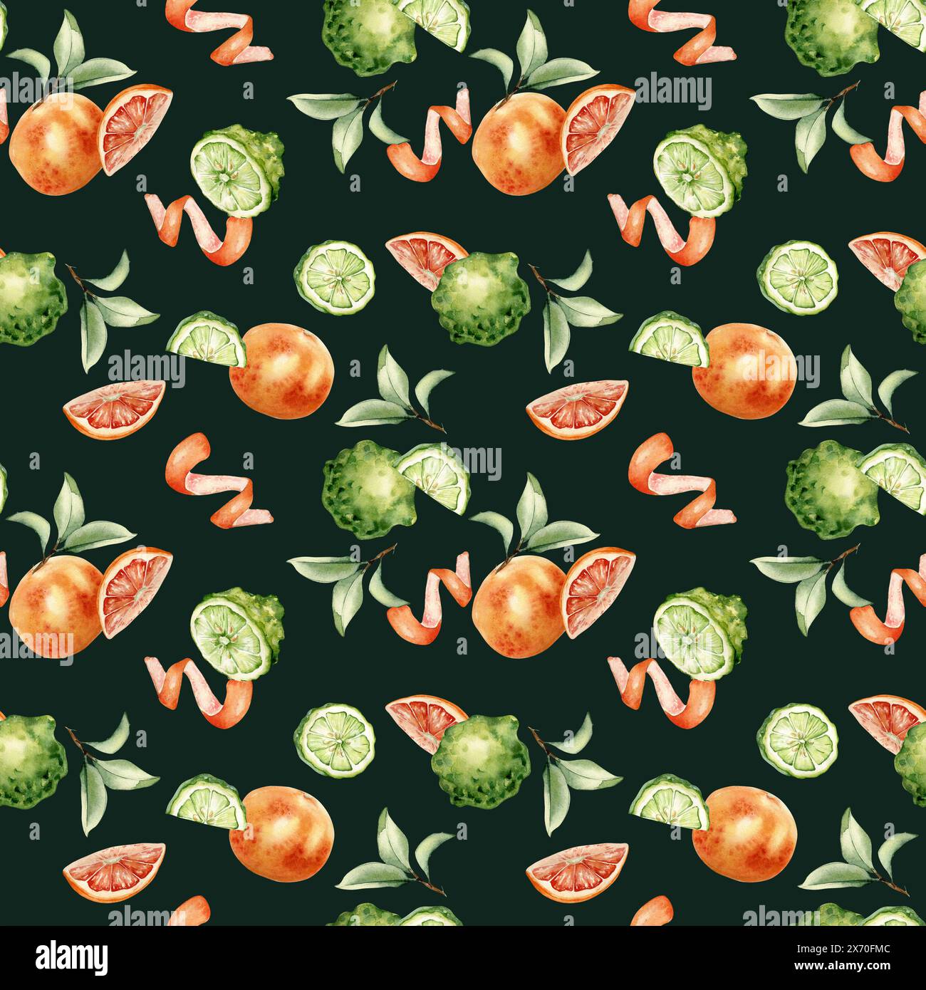 Citrus grapefruit and bergamot fruits slices and leaves on watercolor seamless pattern isolated ...