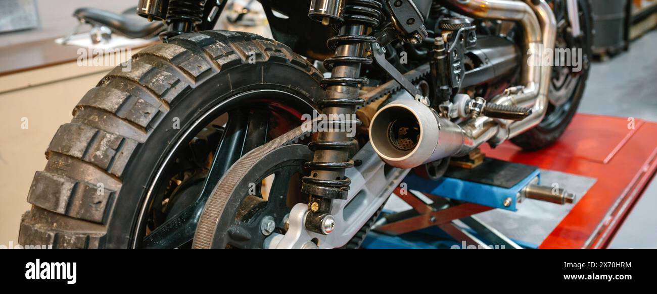 Banner of exhaust pipe and shock absorber of custom motorbike on ...