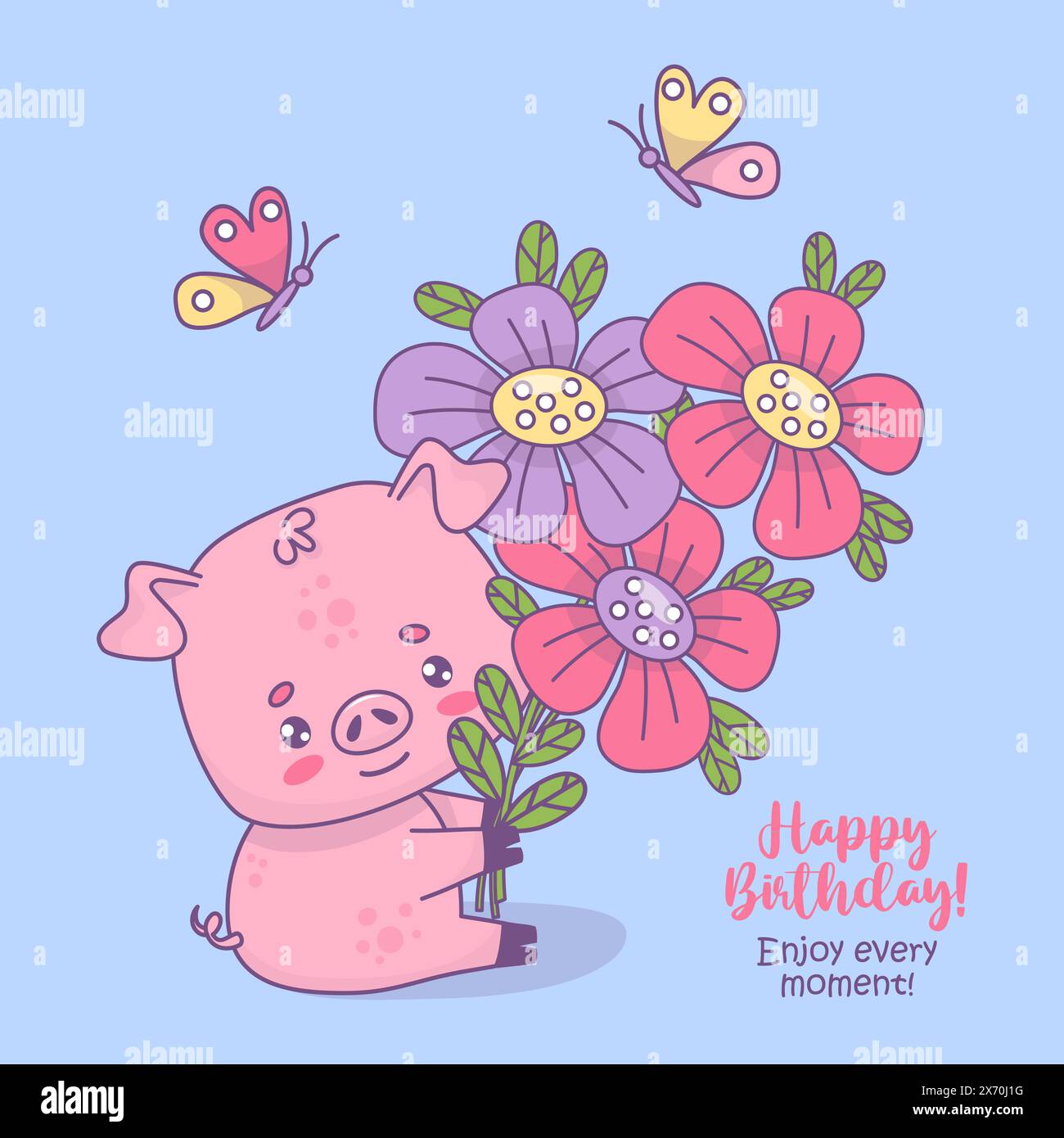 Happy little pig with large bouquet of flowers and butterflies. Vector ...