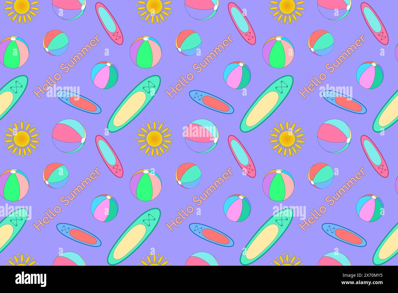Sun, beach balls and surfboards on purple background. The inscription ...