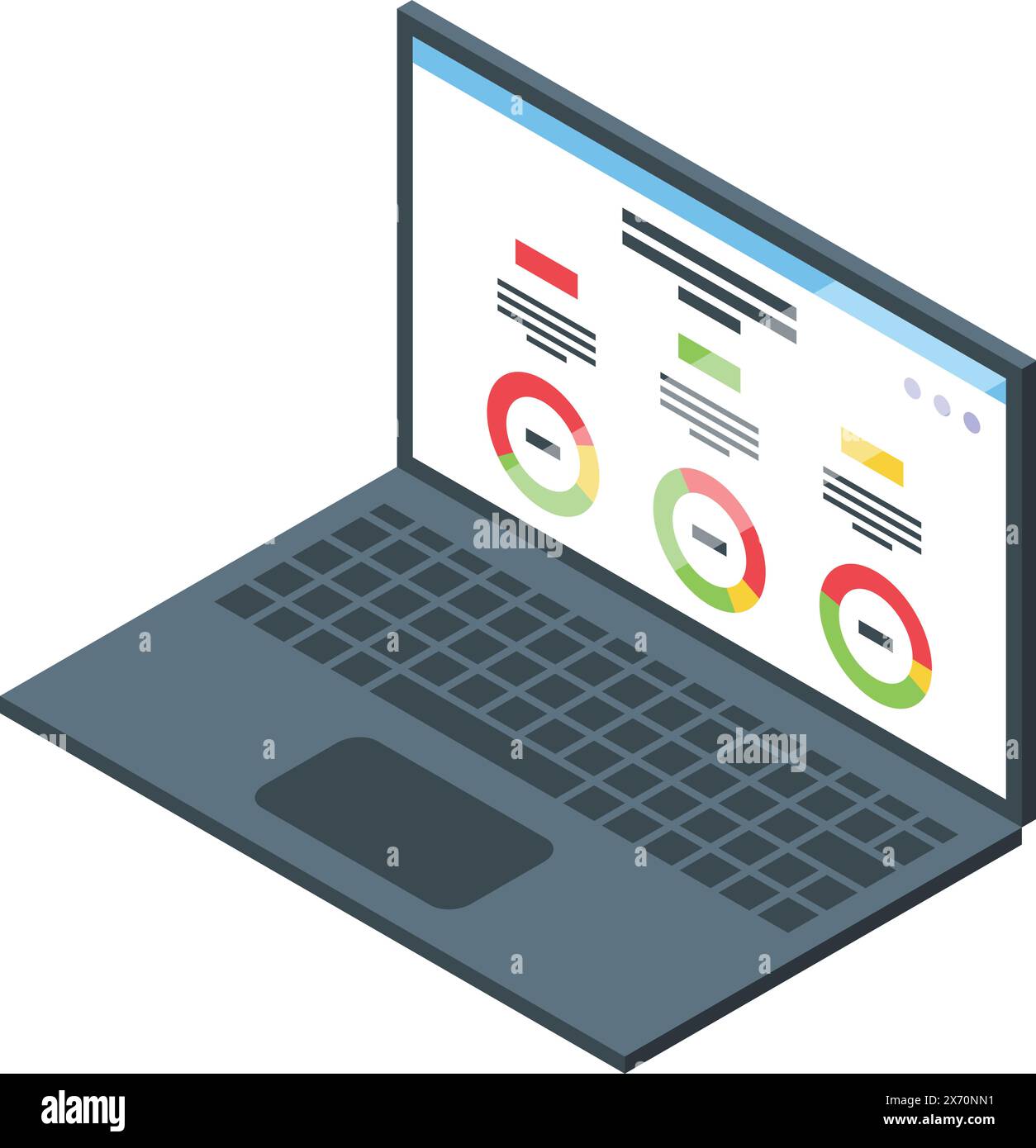 Vector graphic of an isometric laptop displaying colorful analytics ...