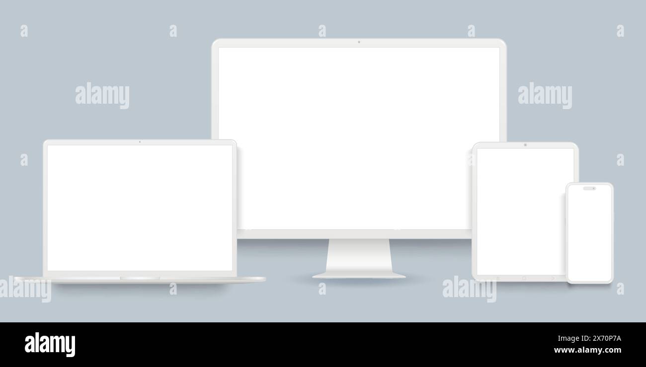 Realistic clean white devices mockup set with blank screen. Tablet PC ...
