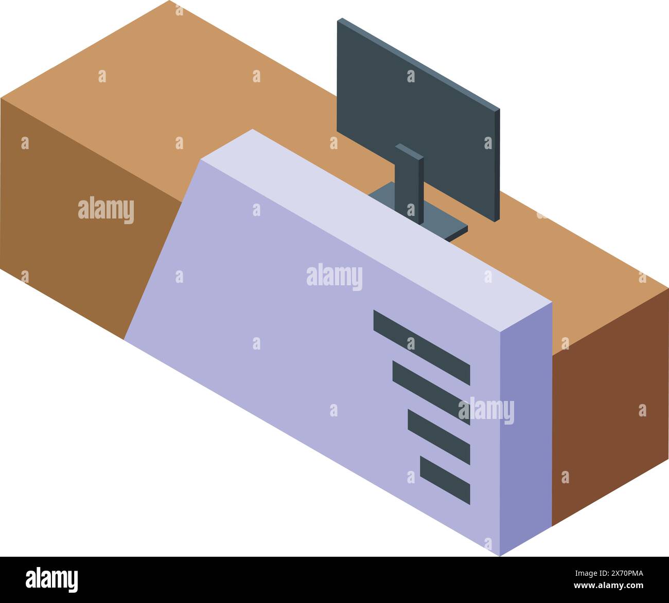 Modern 3d isometric office desk illustration with computer monitor and ...