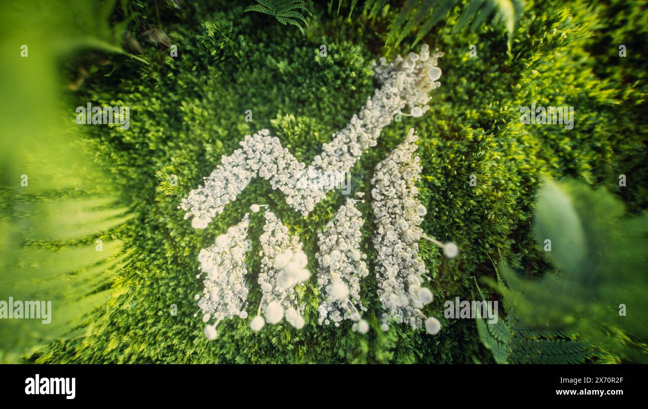 Symbolic 3D rendering of an upward arrow chart made of mushrooms on a ...