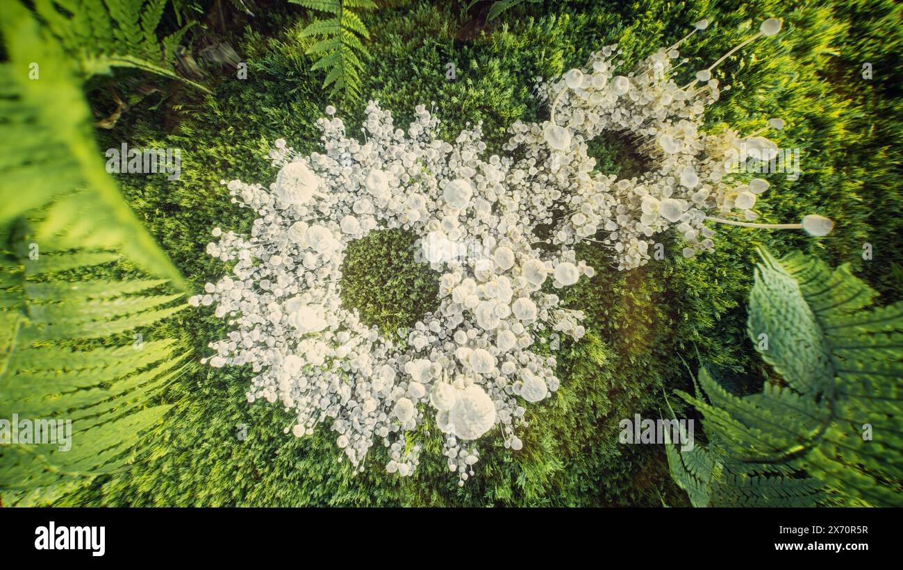 Interlocking gear symbol made of delicate white mushrooms, surrounded ...