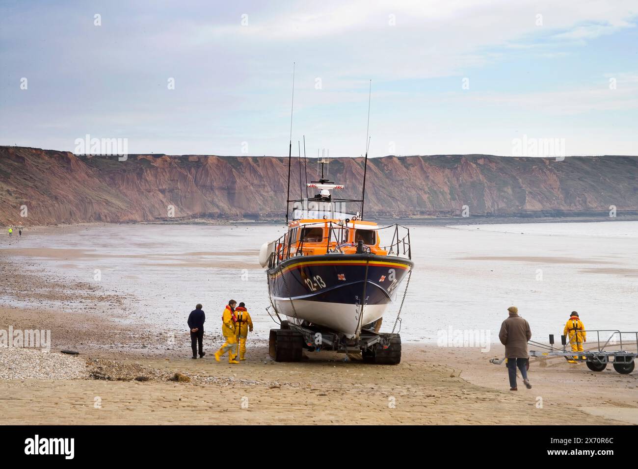 launching the lifeboat at the coble in the seaside town of Filey on the ...
