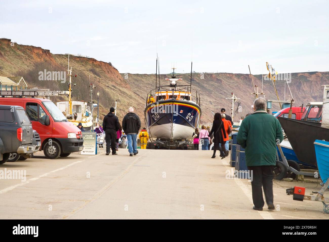 launching the lifeboat at the coble in the seaside town of Filey on the ...
