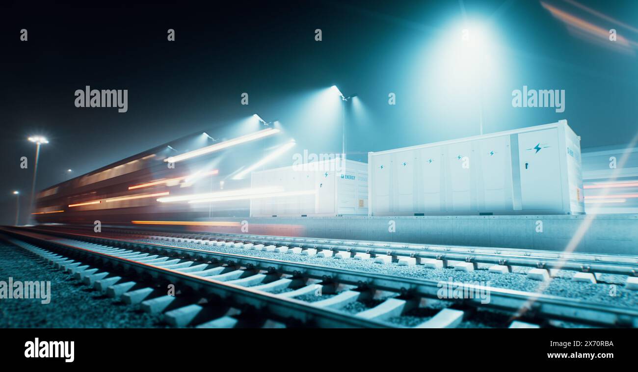 A long-exposure nighttime image showing an electrical energy storage ...