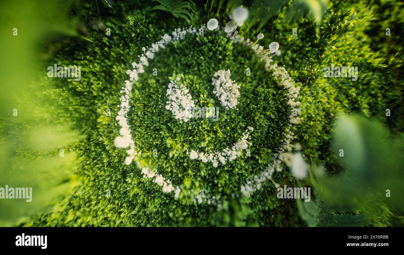 Whimsical 3D rendering of a smiley face made from white fungi set ...