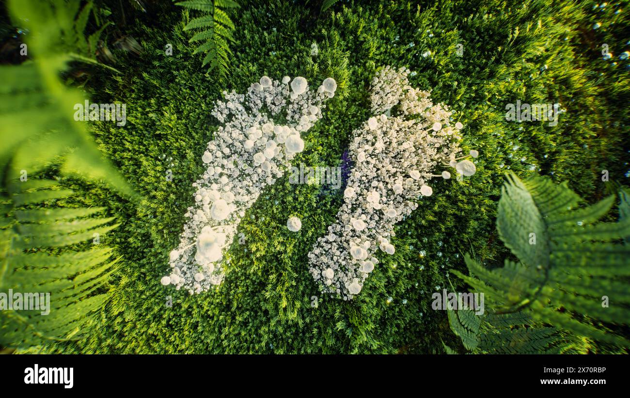 Artistic image of human footprints made from white mushrooms on a bed ...