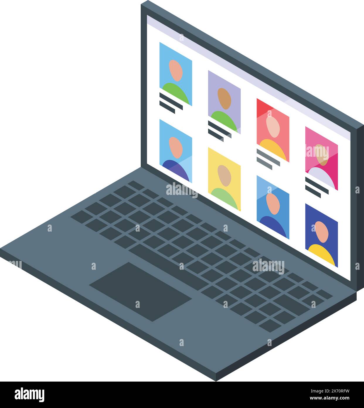 Isometric illustration of a laptop showing colorful user profile icons ...