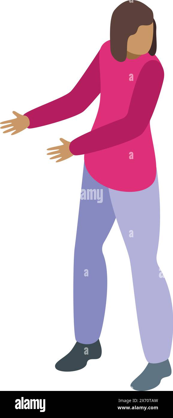 Colorful illustration of a woman with outstretched arms in a welcoming ...