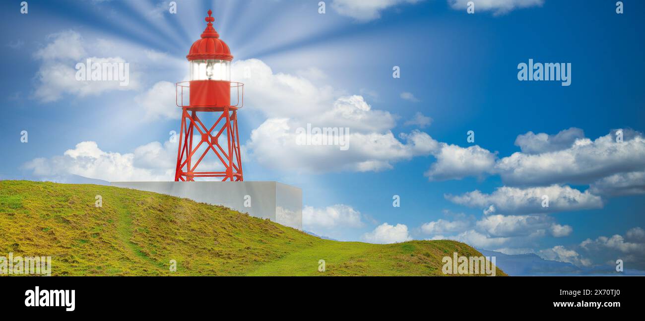 Daytime image of a red navigation beacon with a metal structure ...