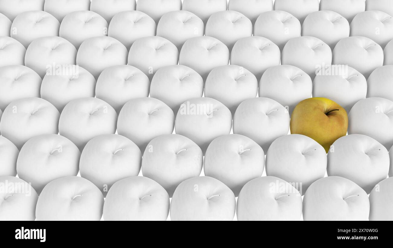 Series of apples all the same. only one is different. The mass and the ...