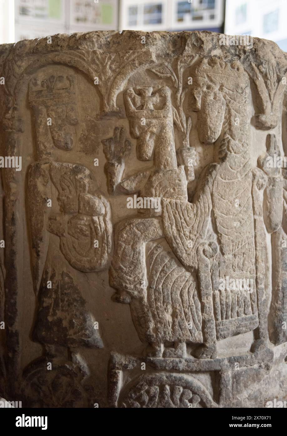 The Norman font at St Mary's Church, Cowlam, East Yorkshire, UK Stock ...