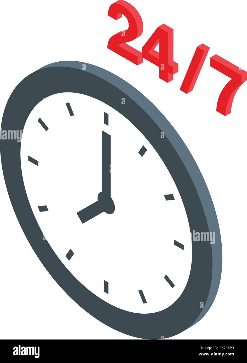 Isometric vector illustration of a clock with red 247, symbolizing ...