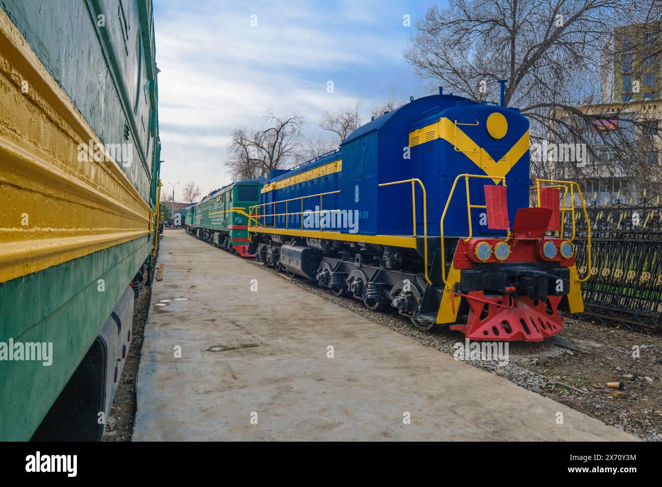 View of a modern, diesel, blue, locomotive. At the Railway Museum, a ...