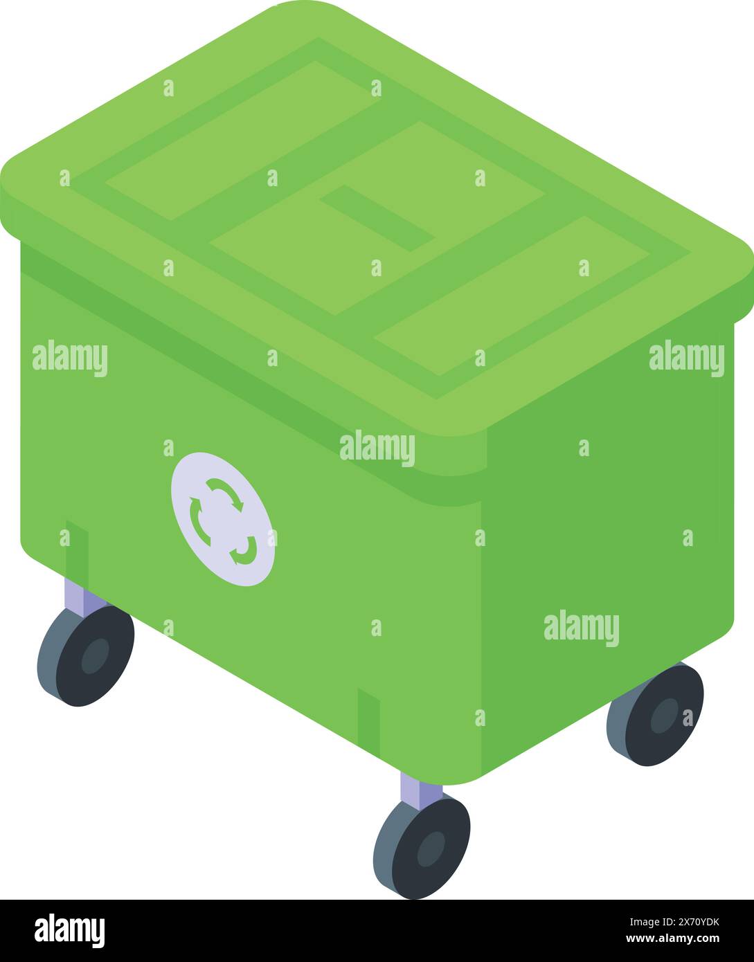 Bright 3d isometric view of a green recycling bin with wheels and a ...