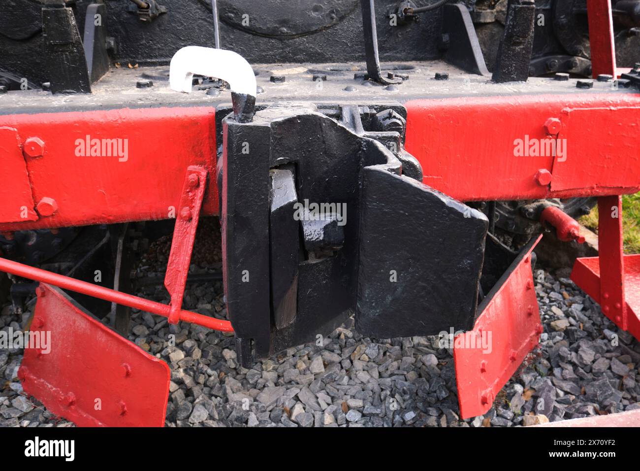 A view of one of the locomotive car couplings. At the Railway Museum, a ...