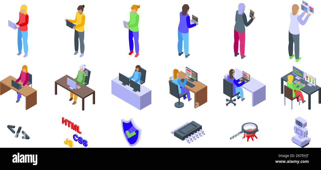 Software Programmer Girl Vector A Series Of People Working On Computers With One Saying Html