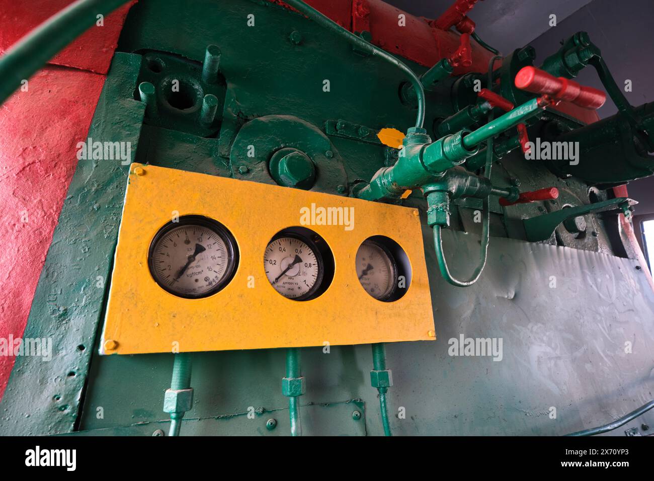 Inside a steam locomotive engine cab,a view of the gauges. At the ...