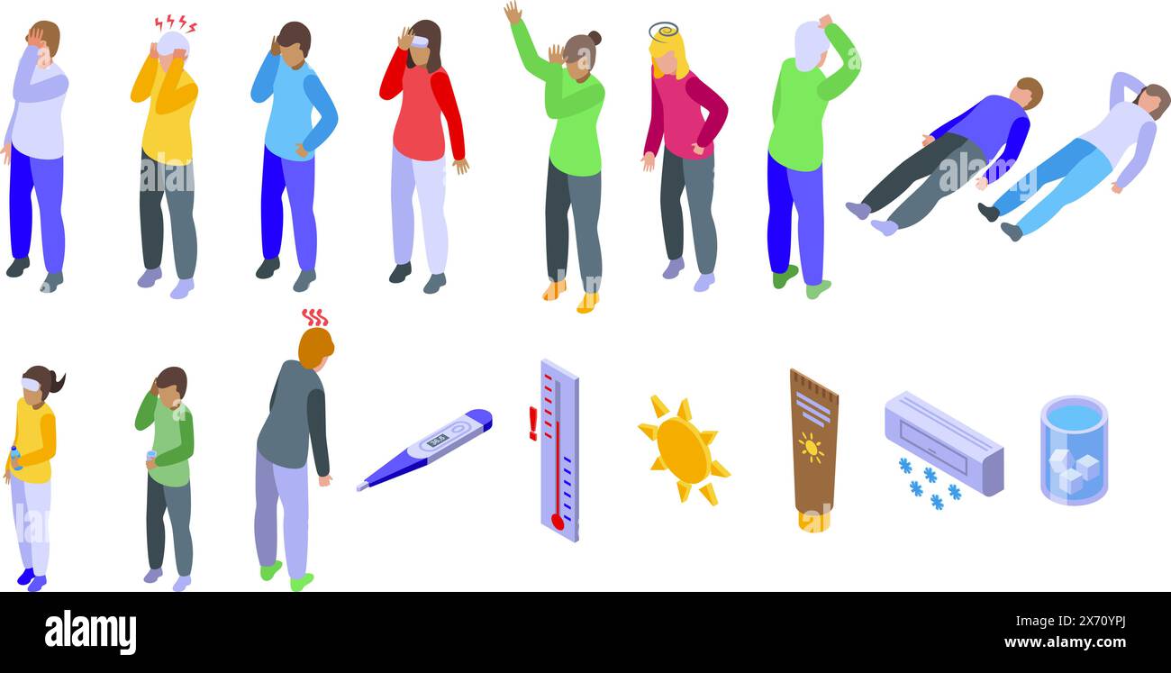 Sunstroke vector. A group of people are shown in various states of ...