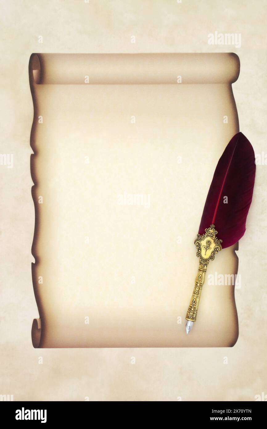 Parchment paper scroll background with vintage brass feather quill pen ...