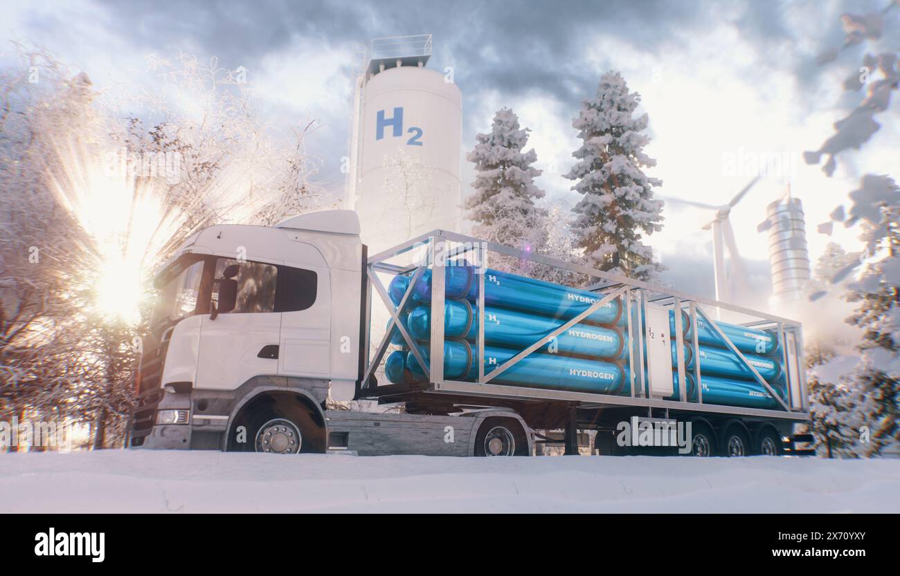 A truck with a hydrogen filling device, hydrogen tanks and a wind power ...